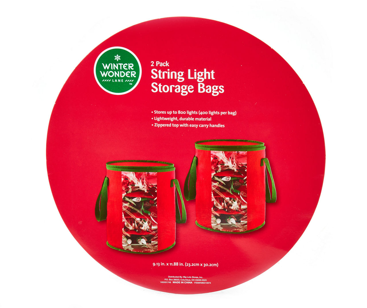 Winter Wonder Lane Red String Light Storage Bag with Green Trim, 2-Pack ...