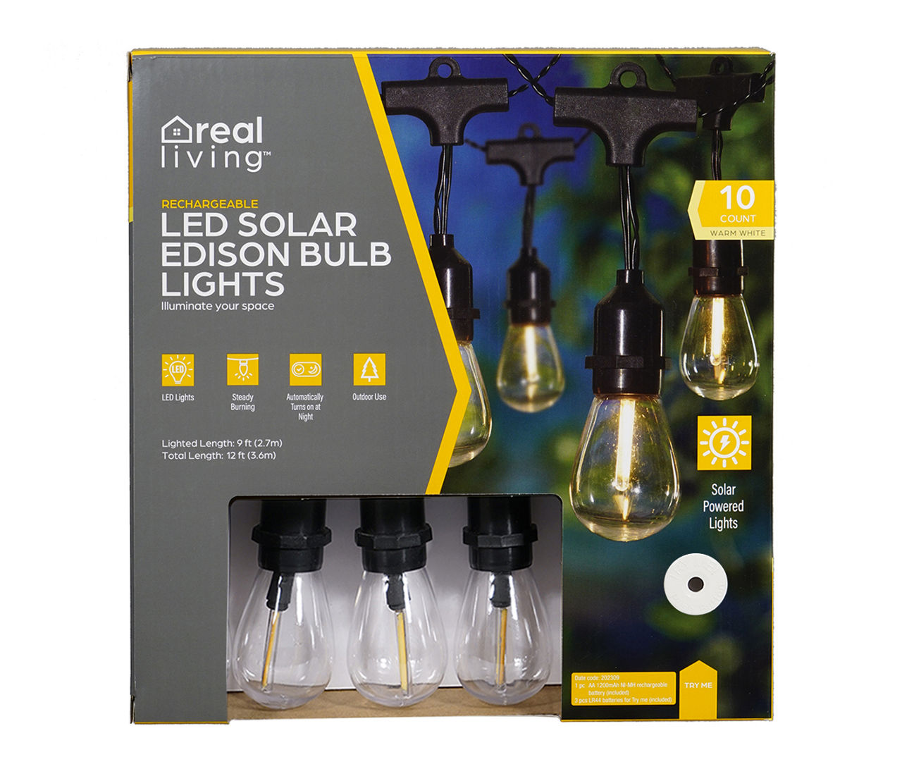 Real Living Warm White Edison Bulb LED Solar Drop Light Set, 10-Lights ...