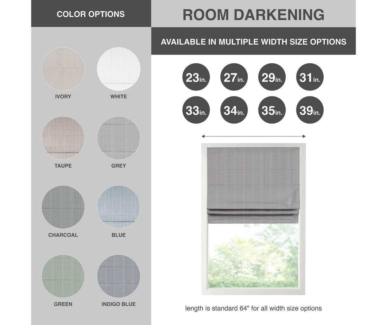 Paxton Gray Room-Darkening Cordless Roman Shade, (35" x 64") | Big Lots