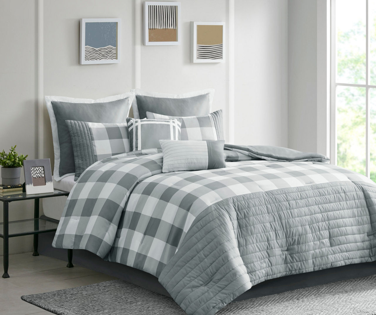 Kingston Gray & White Buffalo Check Queen 8-Piece Comforter Set | Big Lots