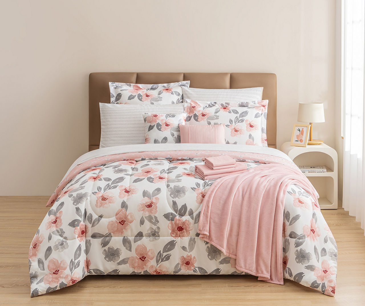 Pink Gray Floral Queen 14 Pc. Bed in a Bag Set
