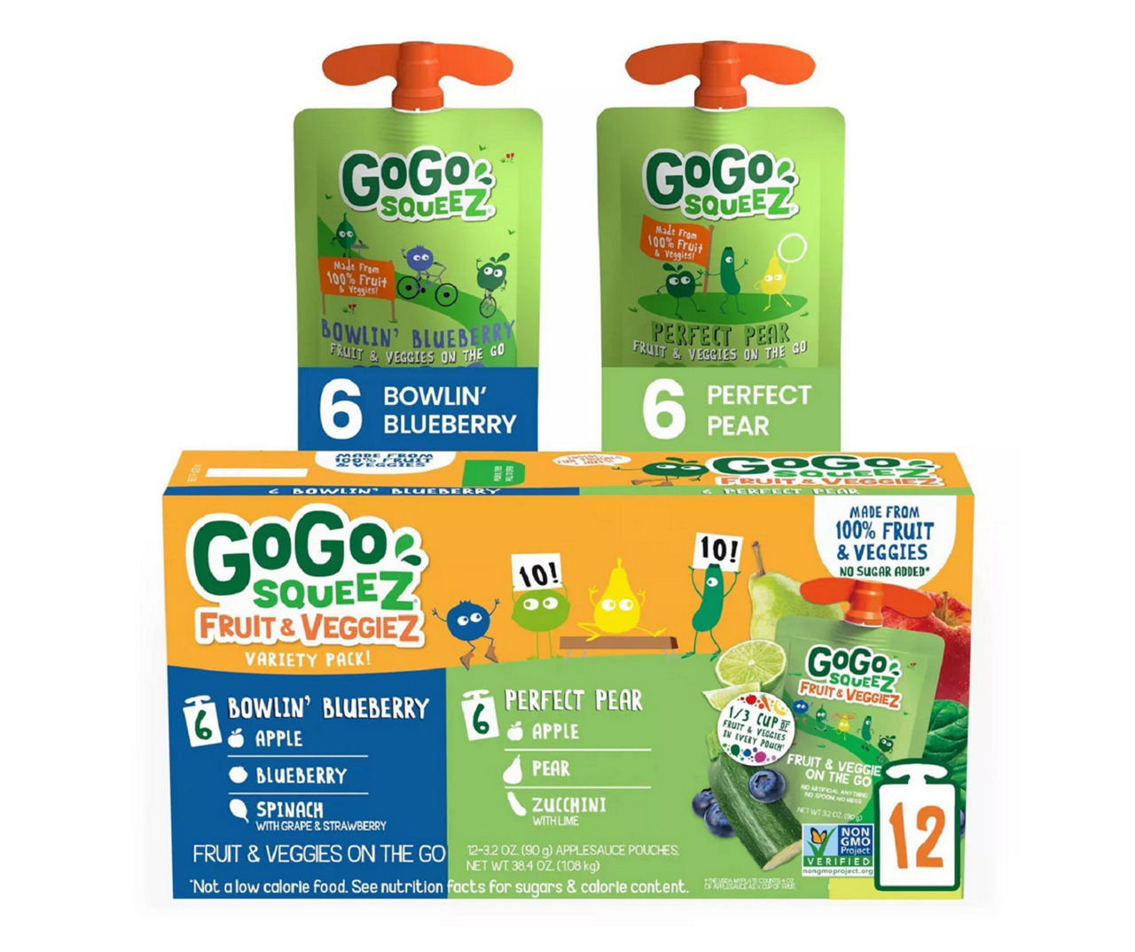 GoGo squeeZ Fruit & VeggieZ Blueberry & Pear On The Go Pouches, 12-Pack ...