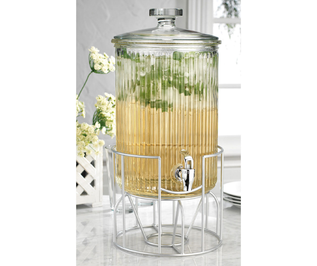 Home Essentials Glass Ribbed 2-Gal. Beverage Dispenser With Rack | Big Lots