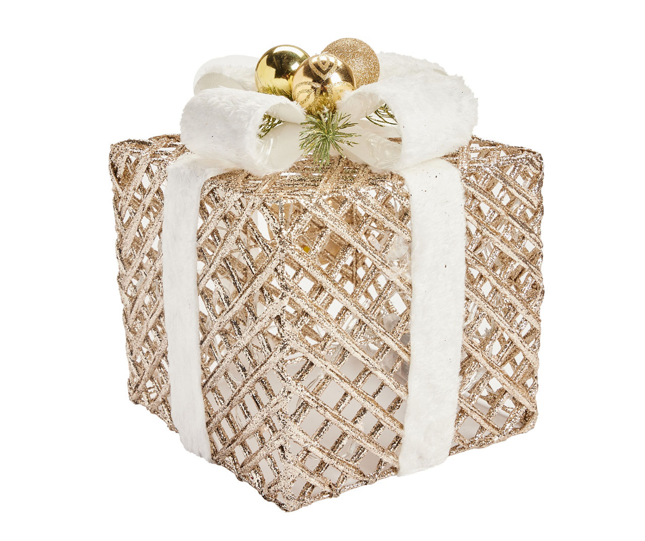 13" Gold Weave & Fur Ribbon LED Gift Box Decor | Big Lots