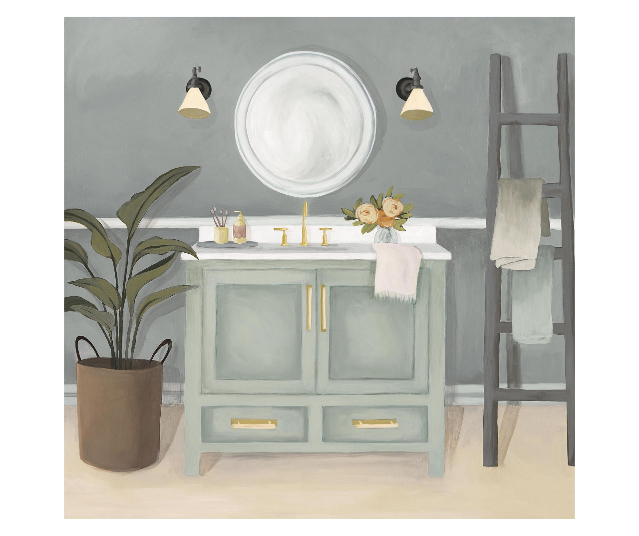 Gray Sink Vanity & Ladder Bathroom Art Canvas, (12" x 12") | Big Lots