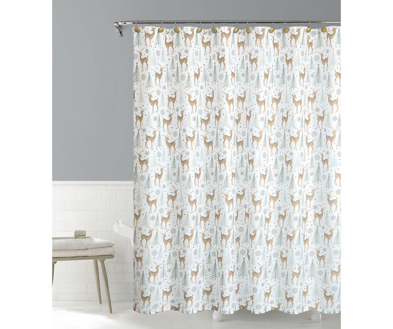 Farmhouse Holiday Brown Green Reindeer 13 Pc. Shower Curtain Set