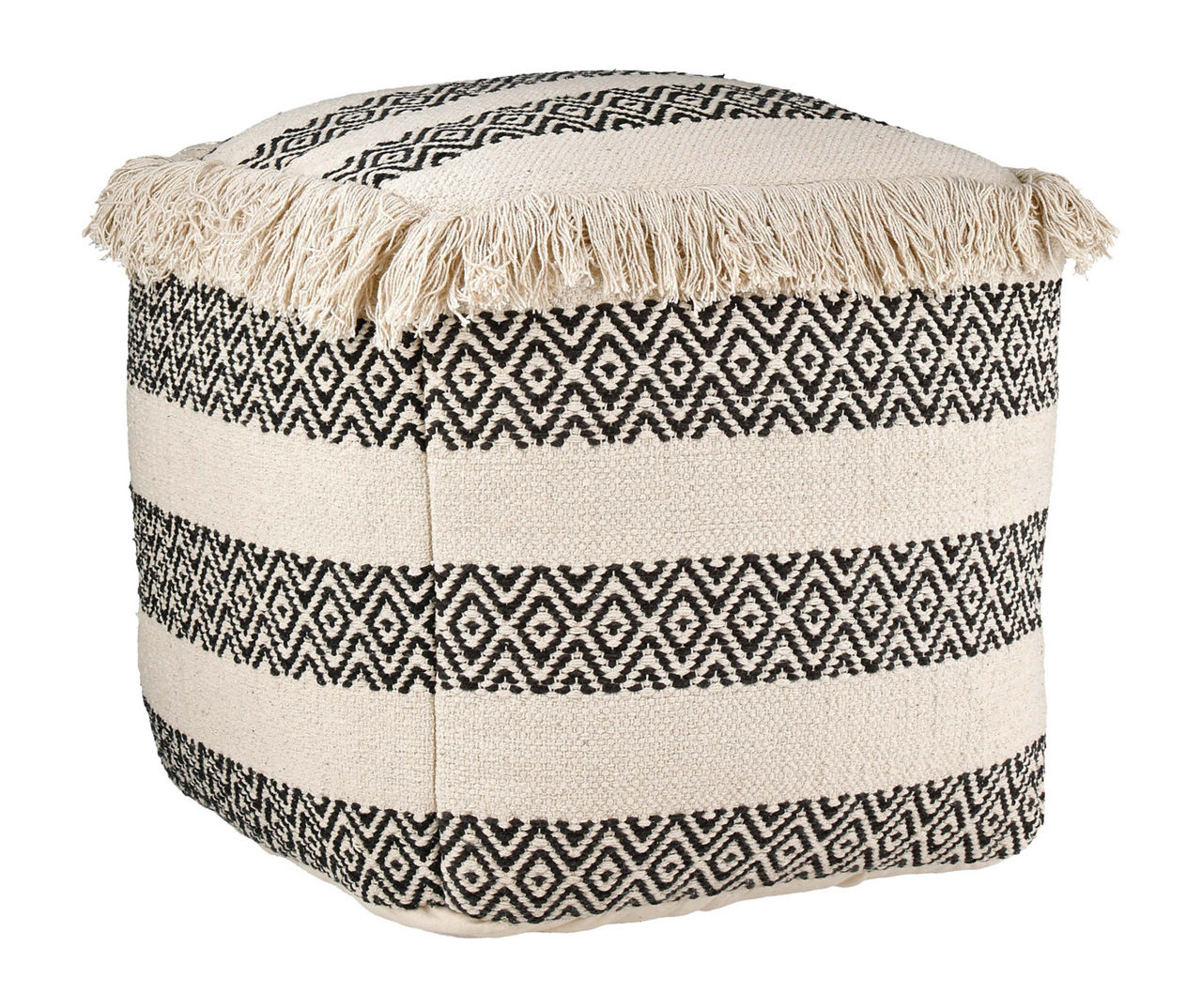 Black White Diamond Fringe Square Pouf Ottoman