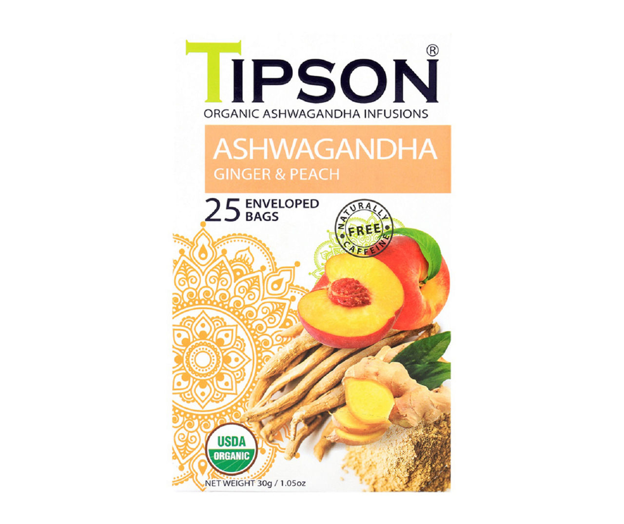 Tipson Ashwagandha Ginger & Peach Herbal Infusion Tea Bags, 25-Pack ...